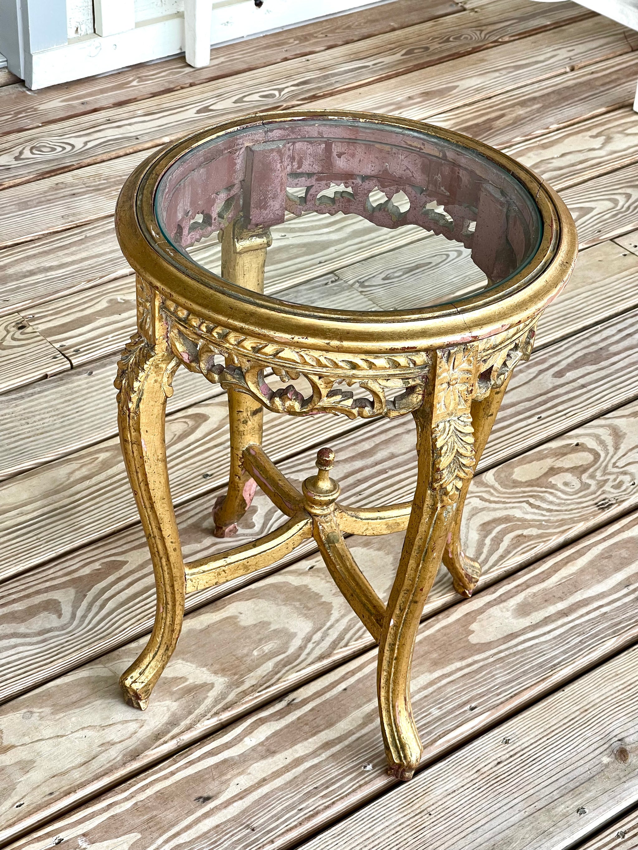 Antique Small Gilded Table with Glass Top