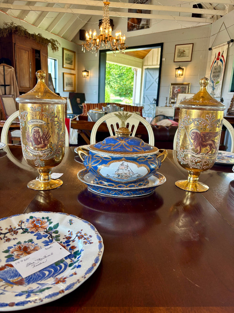 Antique Doré Venetian Lidded Vases, Bearing Inscriptions of Venice's E