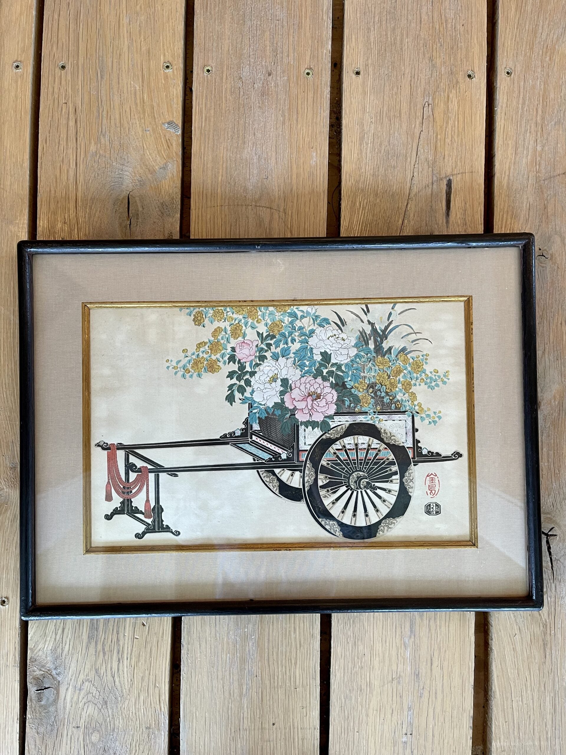 Pair of Antique Japanese Prints of Cart and Flowers