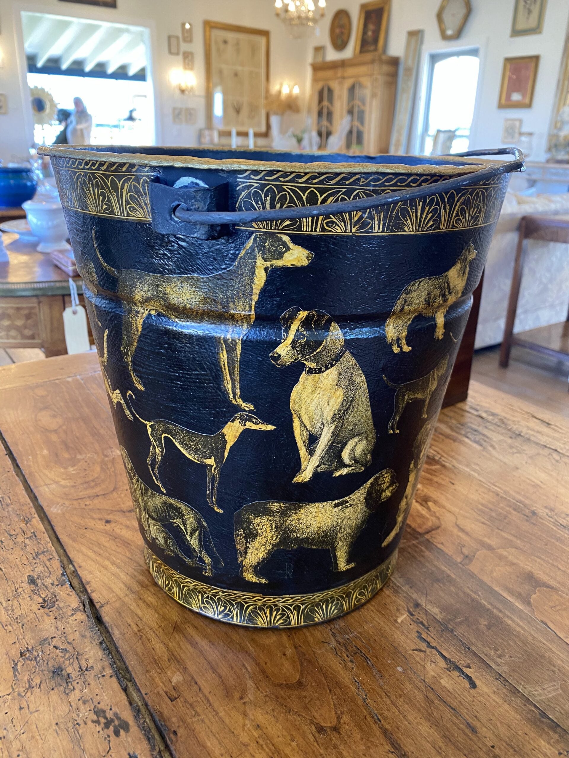 English Decoupage Vintage Bucket with Dogs