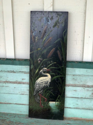 Painted Stork on Wood Panel